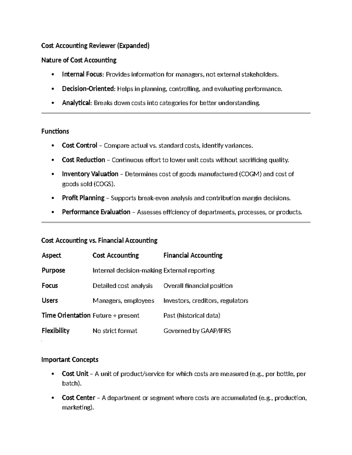 Cost Accounting Reviewer (Expanded) - Key Concepts & Functions - Studocu