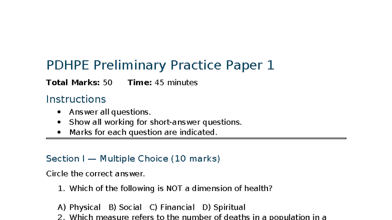 PDHPE Preliminary Practice Paper 1: Health Determinants & Exercise ...