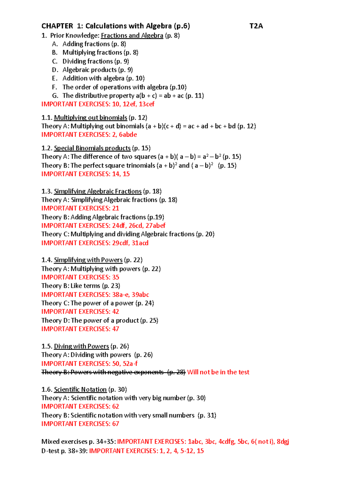 T2 - CH1 & CH3 Theories and Key Exercises for Algebra Concepts ...