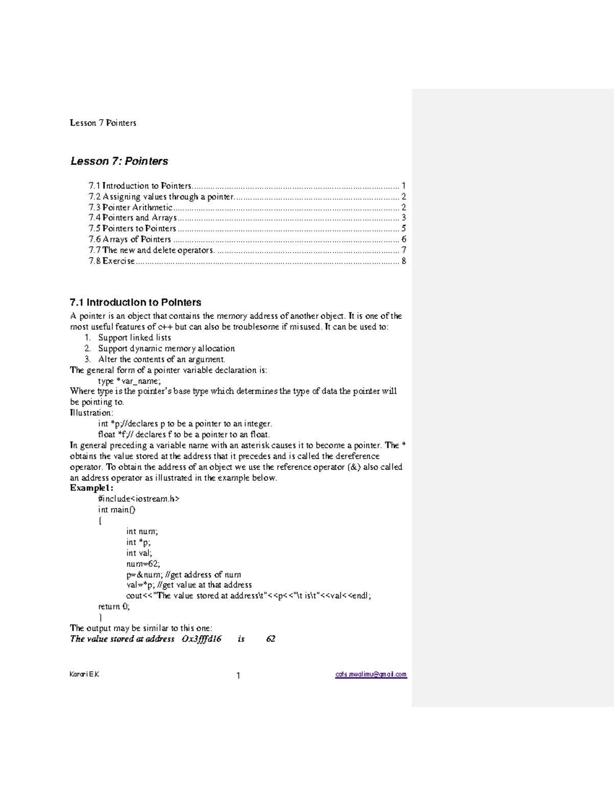Object Oriented Programming Pointers - Lesson 7 : Pointers 7 Introduction to - Studocu