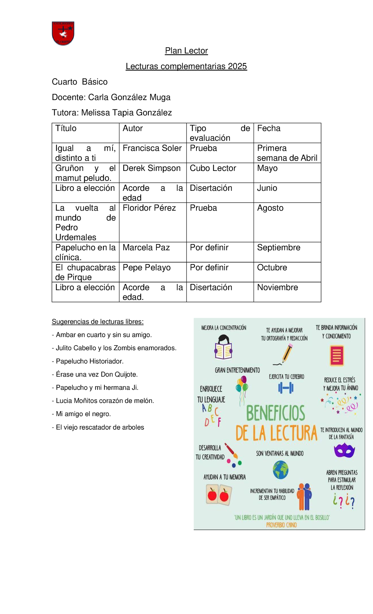Plan Lector de cuarto básico año 2025 - Plan Lector Lecturas complementarias 2025 Cuarto Básico ...