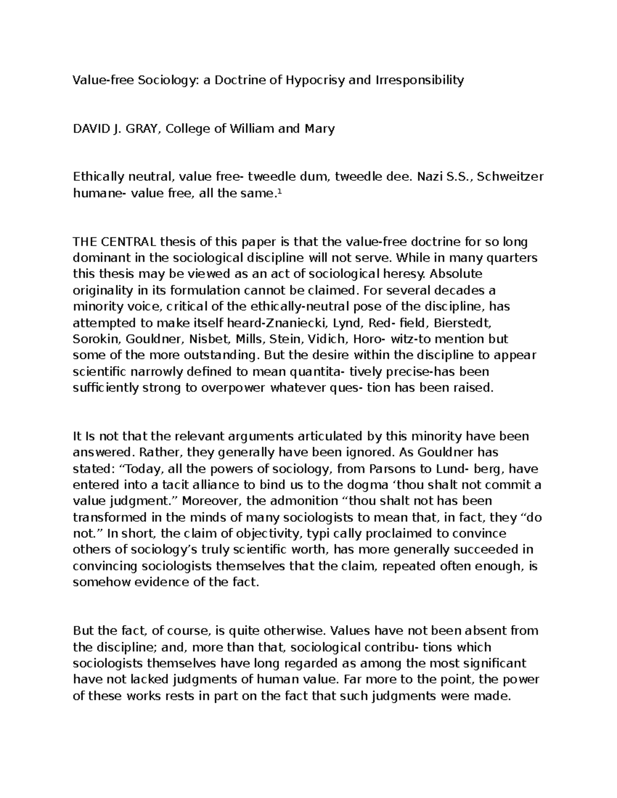 Value-Free Sociology: A Critical Perspective on Objectivity - Studocu