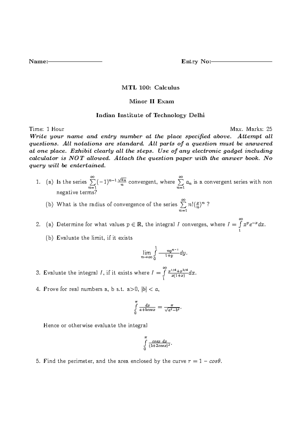 Entry MTL 100: Calculus Minor II Exam Paper & Solutions - Studocu