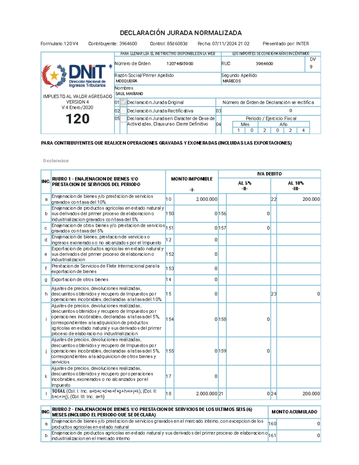 Declaracion Jurada Octubre 2024 - DECLARACIÓN JURADA NORMALIZADA ...