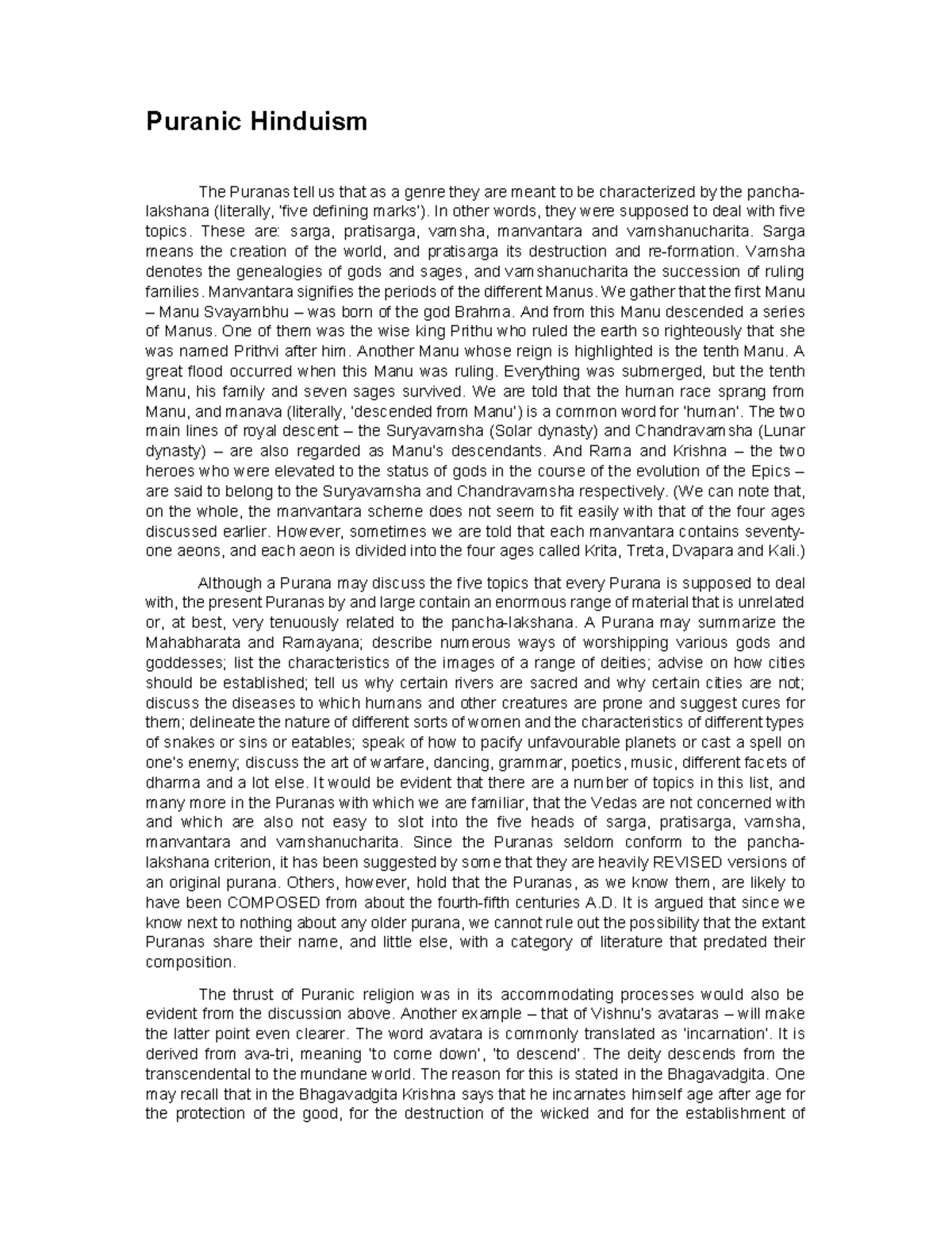 Puranic Hinduism: Key Concepts and Historical Insights - Sem 2 - Studocu