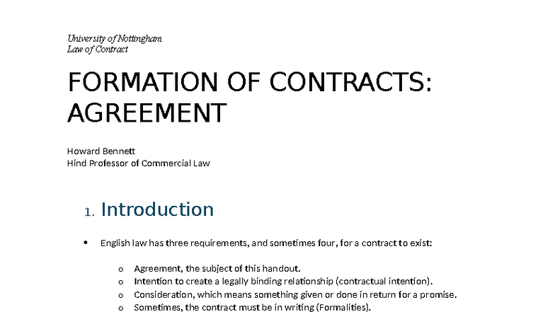University of Nottingham Law of Contract: Formation of Contracts ...