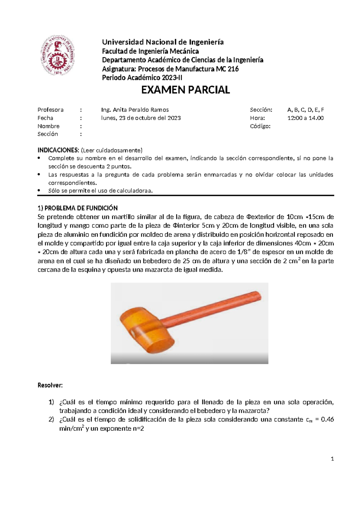 Examen Parcial 2023-II de Procesos de Manufactura MC 216 - Studocu