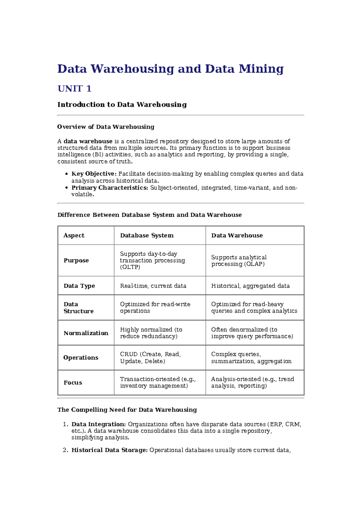 Data Warehousing and Data Mining: Unit 1 Overview and Key Concepts ...