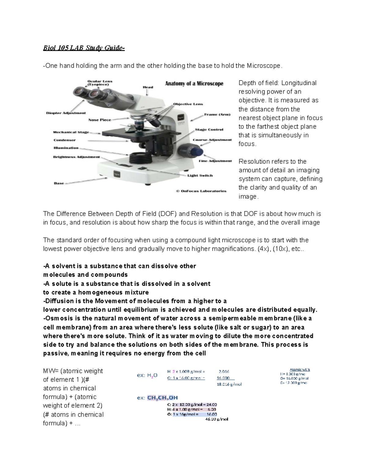 Biol 105 LAB Study Guide: Microscope, Diffusion & Tonicity Concepts ...