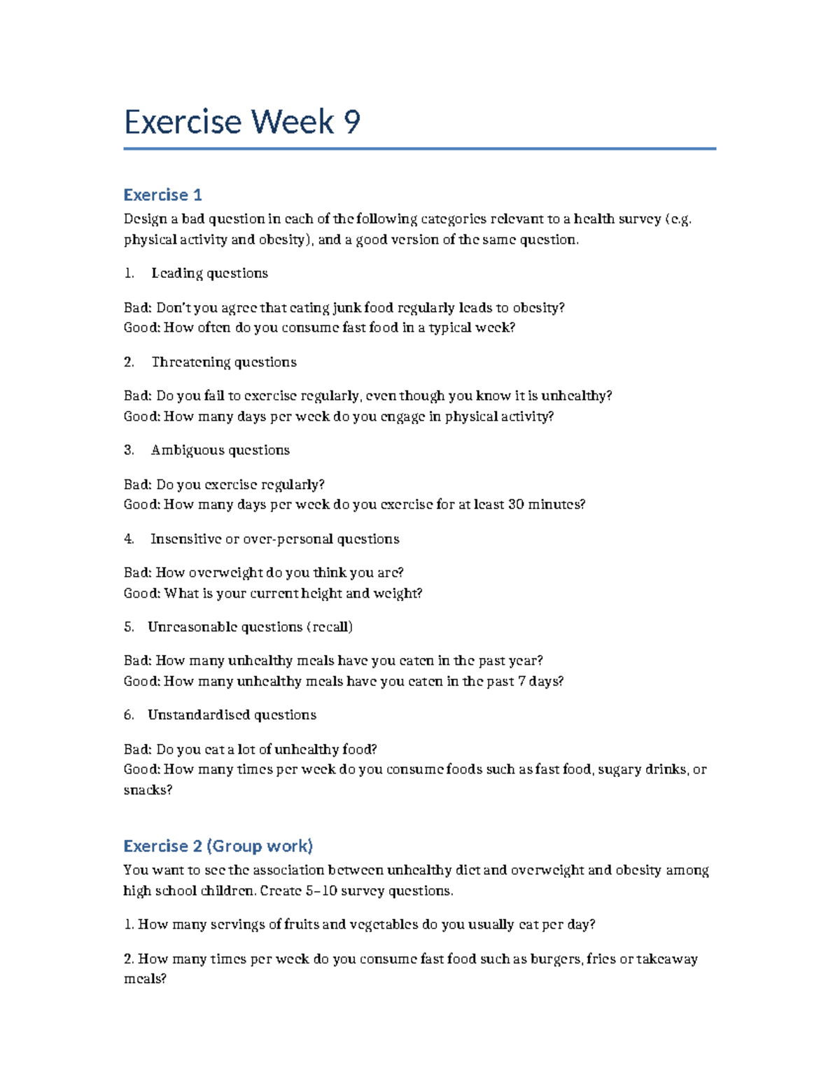 Exercise Week 9: Designing Effective Health Survey Questions - Studocu
