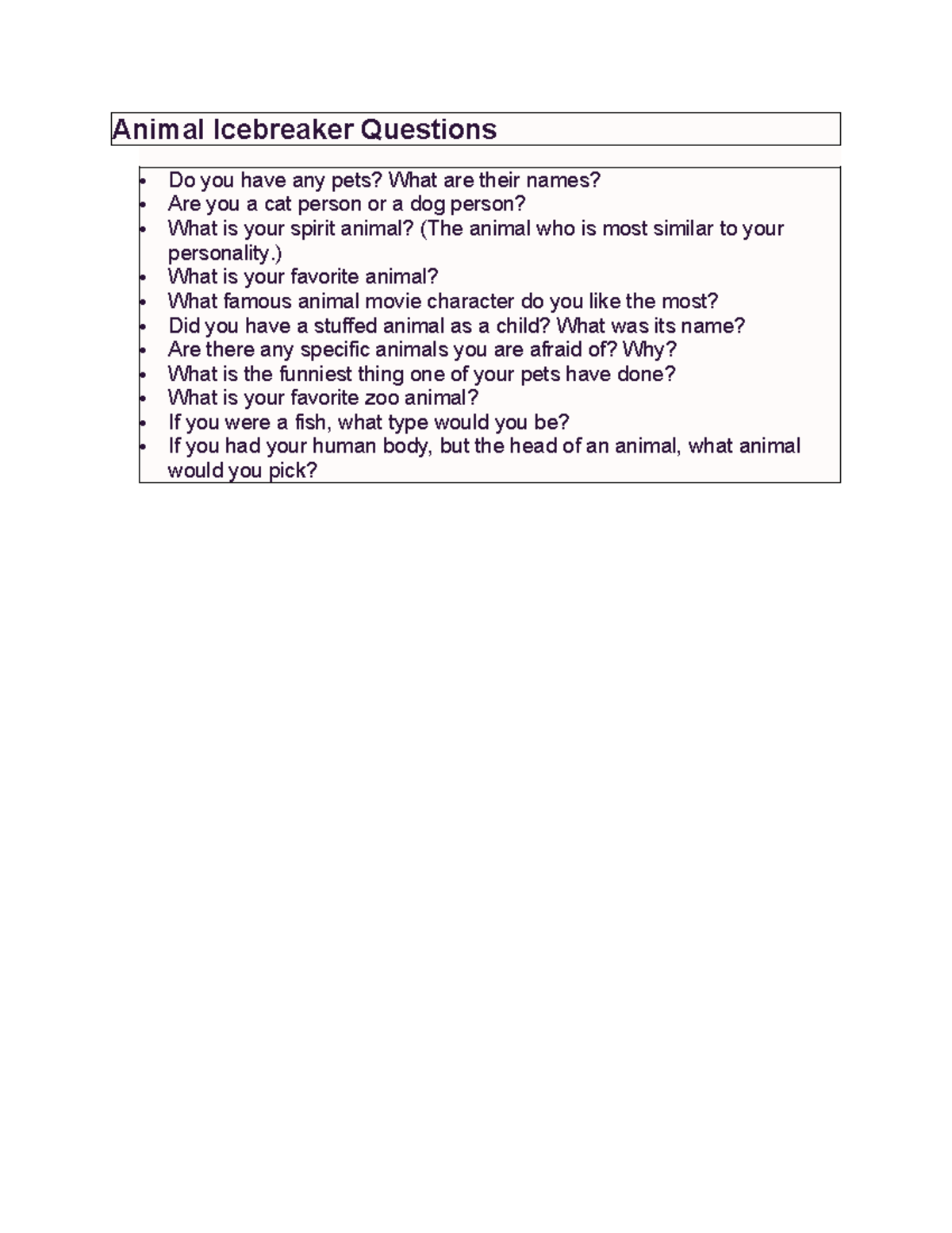 Animal Icebreaker Questions for Fun Conversations - Studocu