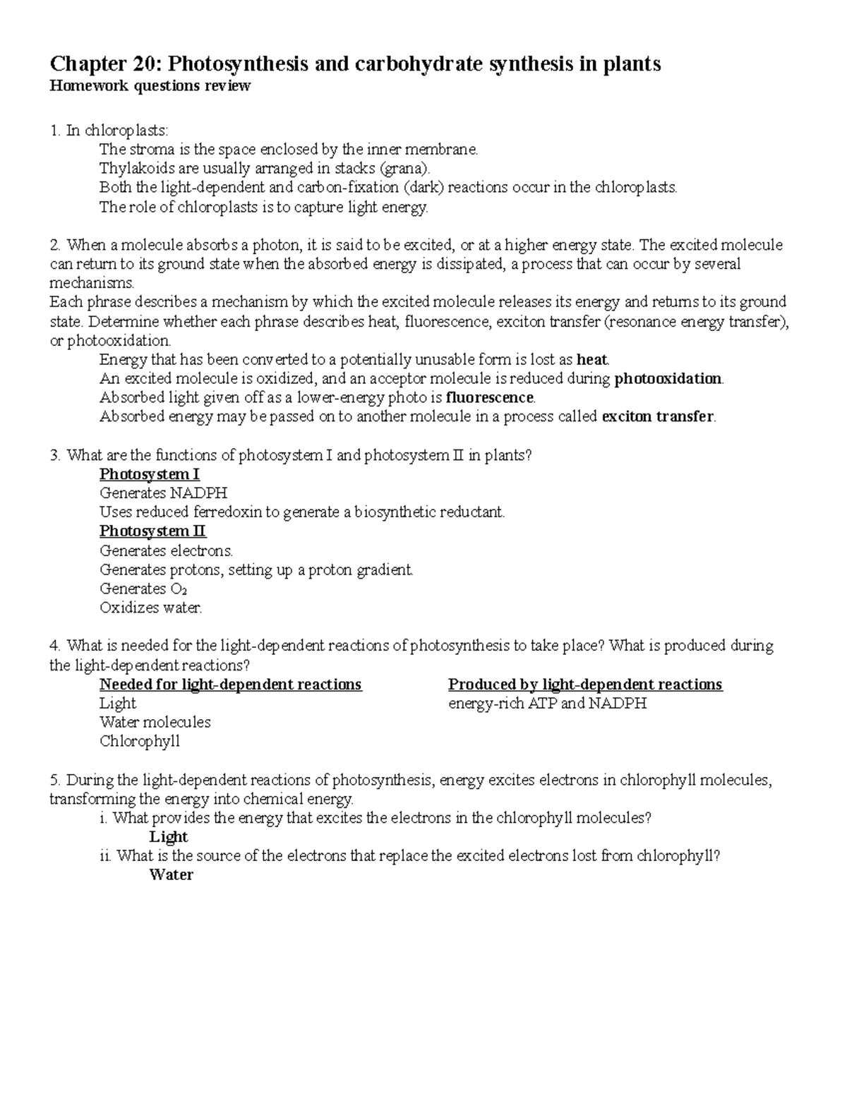 Chapter 20 Homework Review: Photosynthesis Concepts and Mechanisms ...
