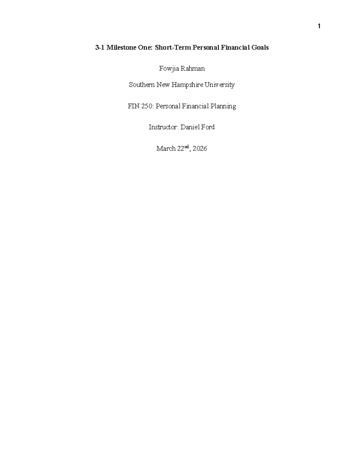 FIN 250 Milestone One: Reflection on Personal Financial Goals - Studocu