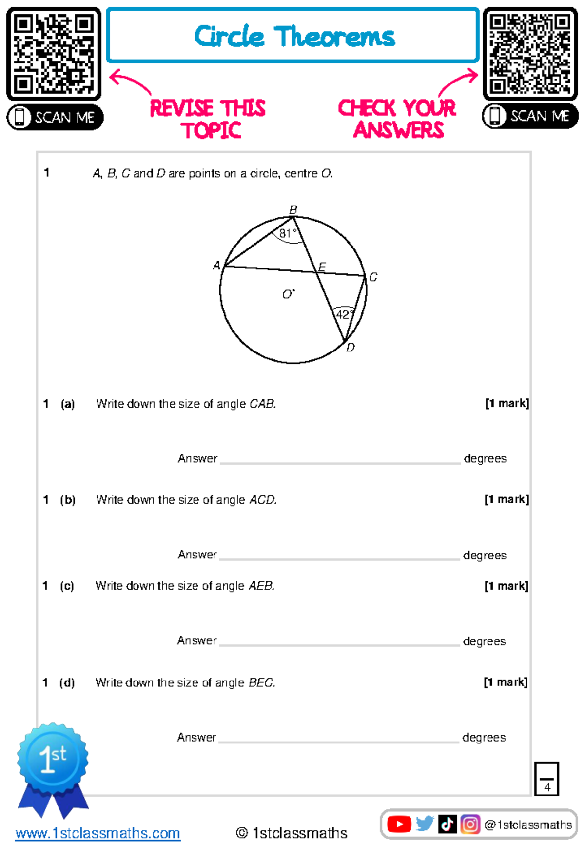 Circle Theorems AQA - Key Concepts and Exercises - Studocu