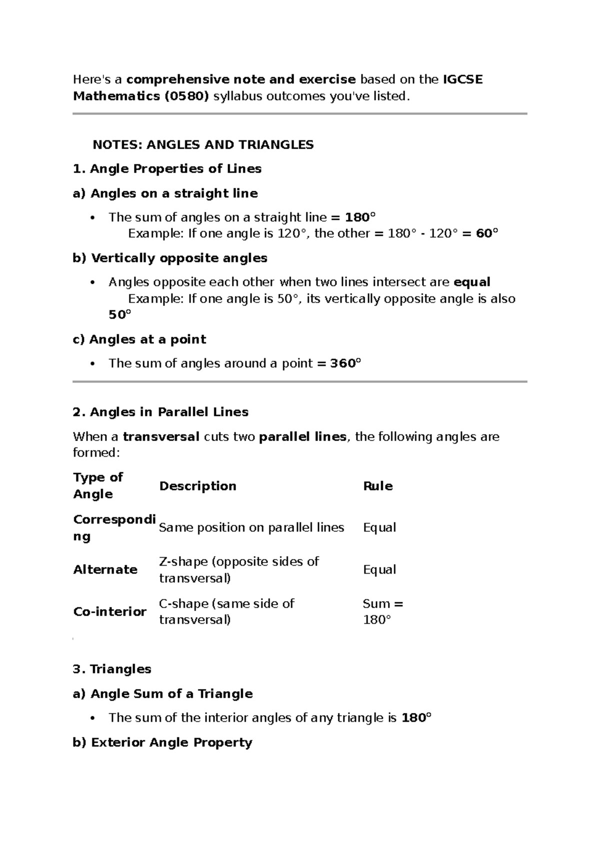 IGCSE Mathematics (0580) Comprehensive Notes on Angles, Triangles, and ...