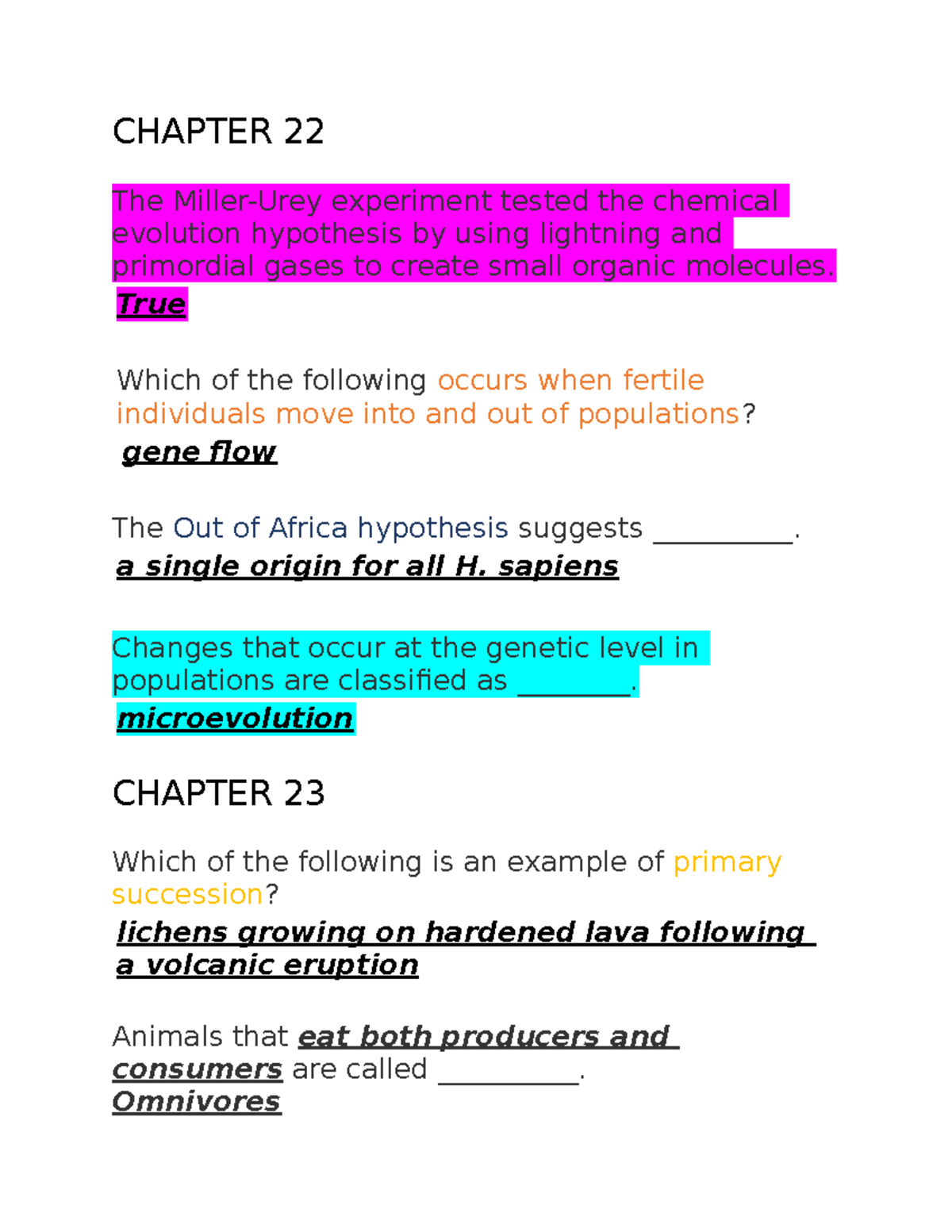 Mastering Biology Chapter 22, 23, 24 QUIZ - CHAPTER 22 The Miller-Urey ...