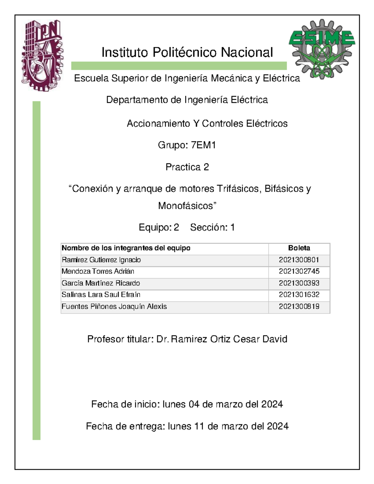 Reporte P2 Lab ACE Equipo 1 Seccion A-2 - Instituto Politécnico Nacional Escuela Superior de ...