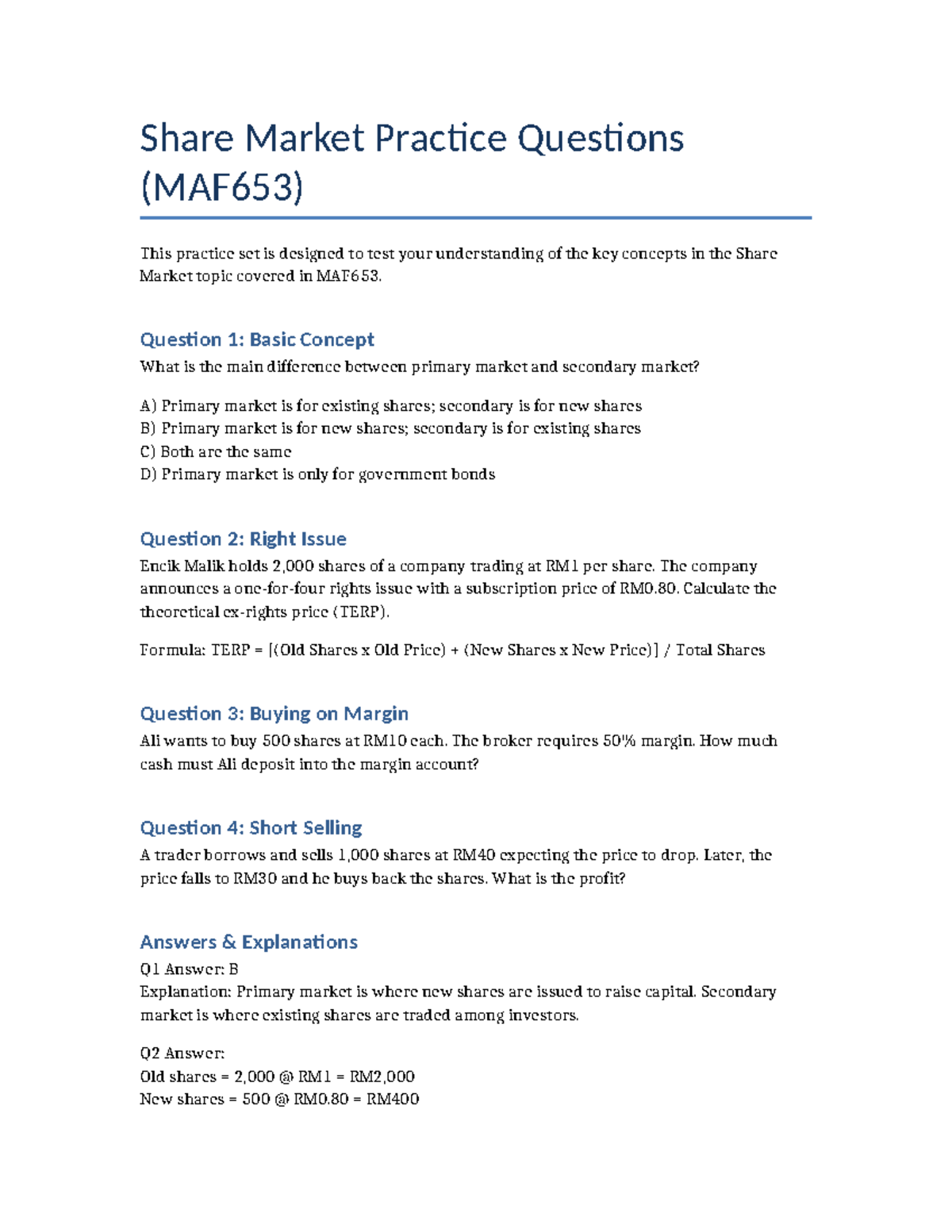 Share Market Practice Questions & Answers (MAF653) - Studocu
