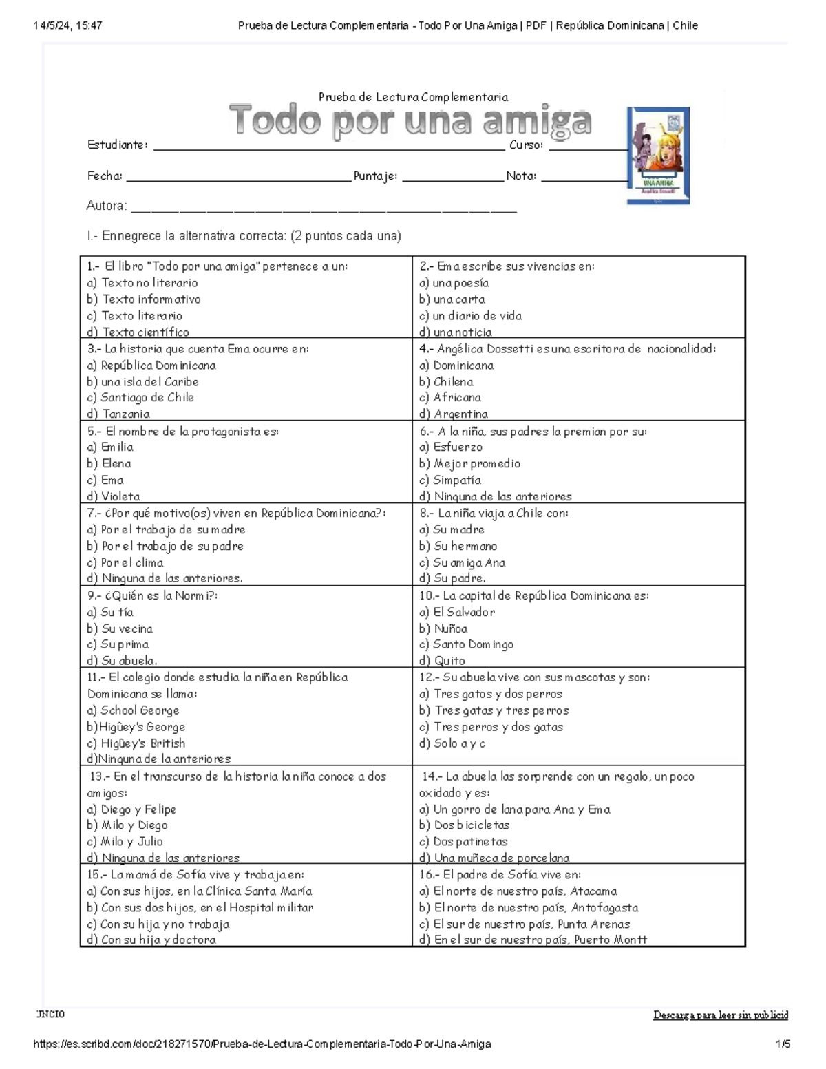 Prueba de Lectura Complementaria - Texto "Todo Por Una Amiga" - Studocu