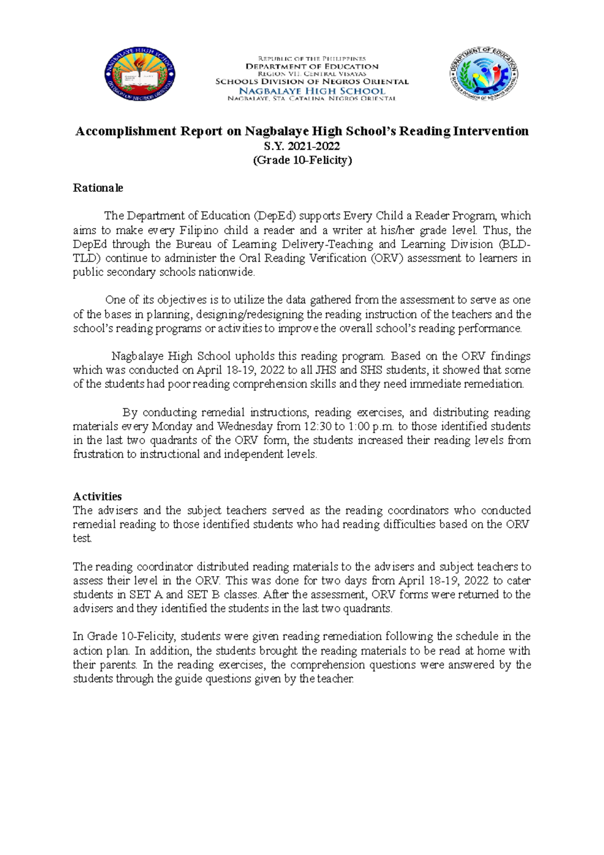Accomplishment Report on Reading Intervention (Grade 10-Felicity) - Studocu