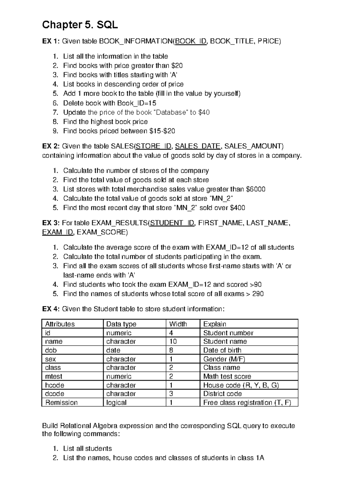 Chapter 5: SQL Exercises on Book, Sales, Exam Results, and Student Data ...