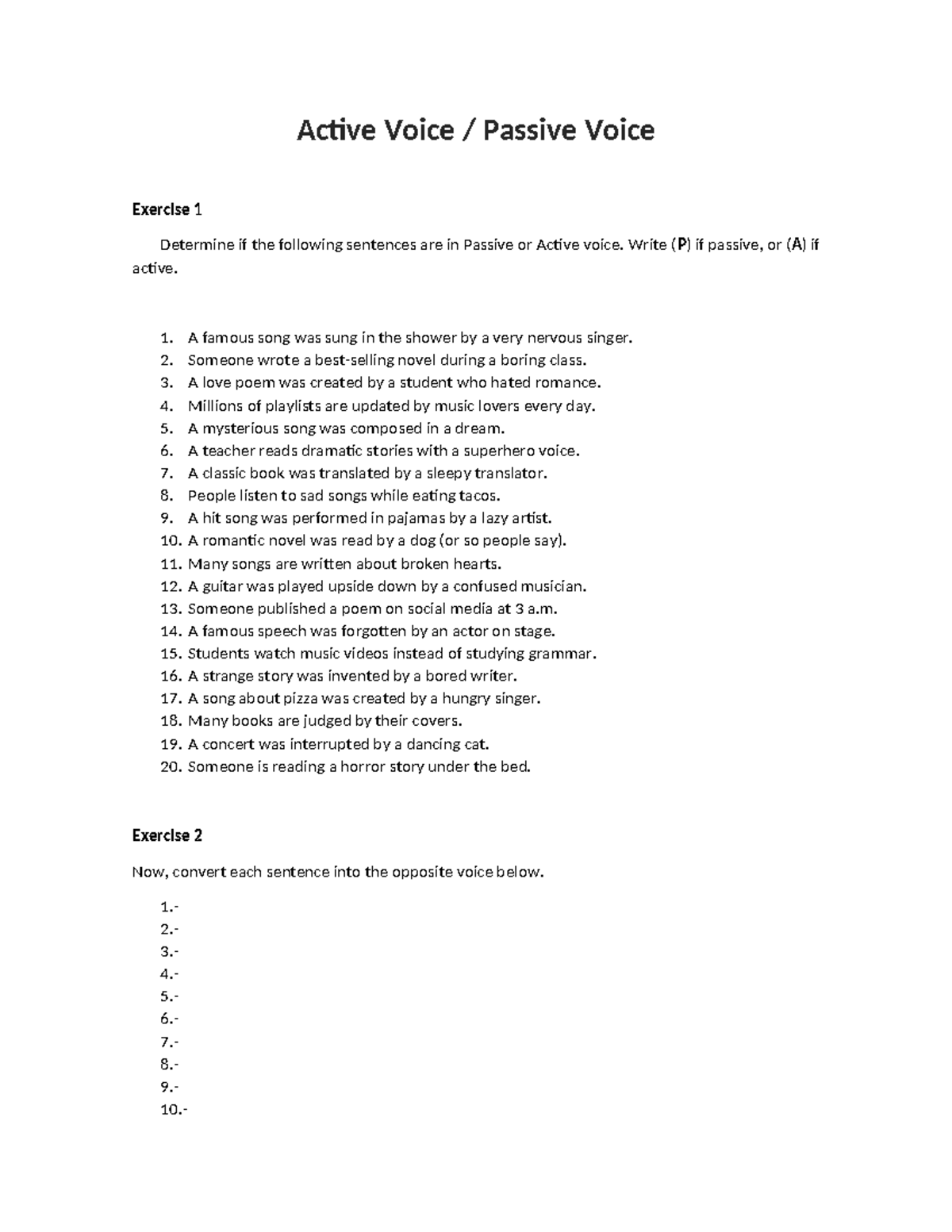 Active Voice and Passive Voice Exercise 1 & 2 - Studocu