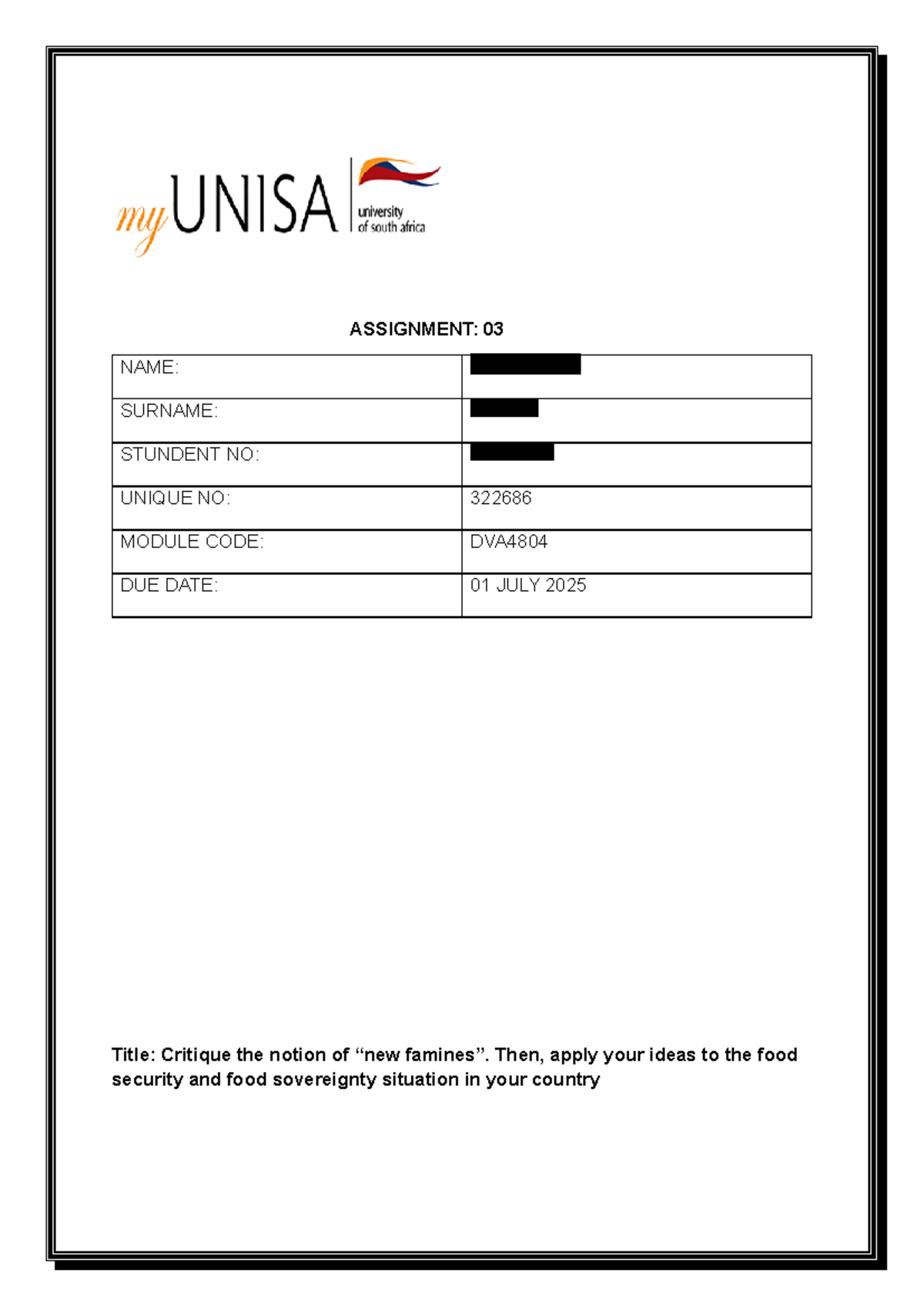 DVA4804 Assignment 03: Critique of Food Security & Sovereignty in SA ...