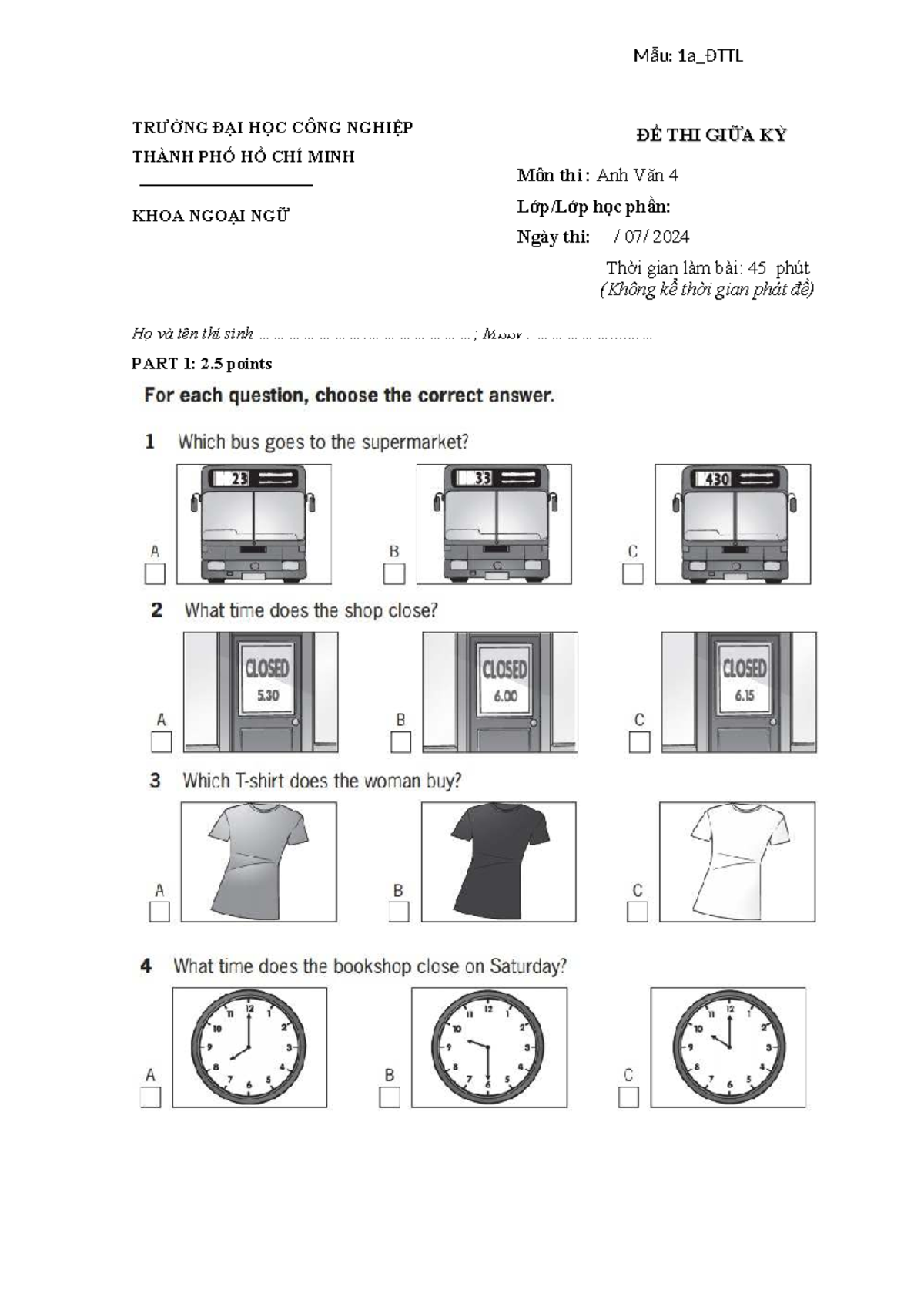 7a. English 4 Đề Thi Giữa Kỳ: Listening Sample Exam - Studocu