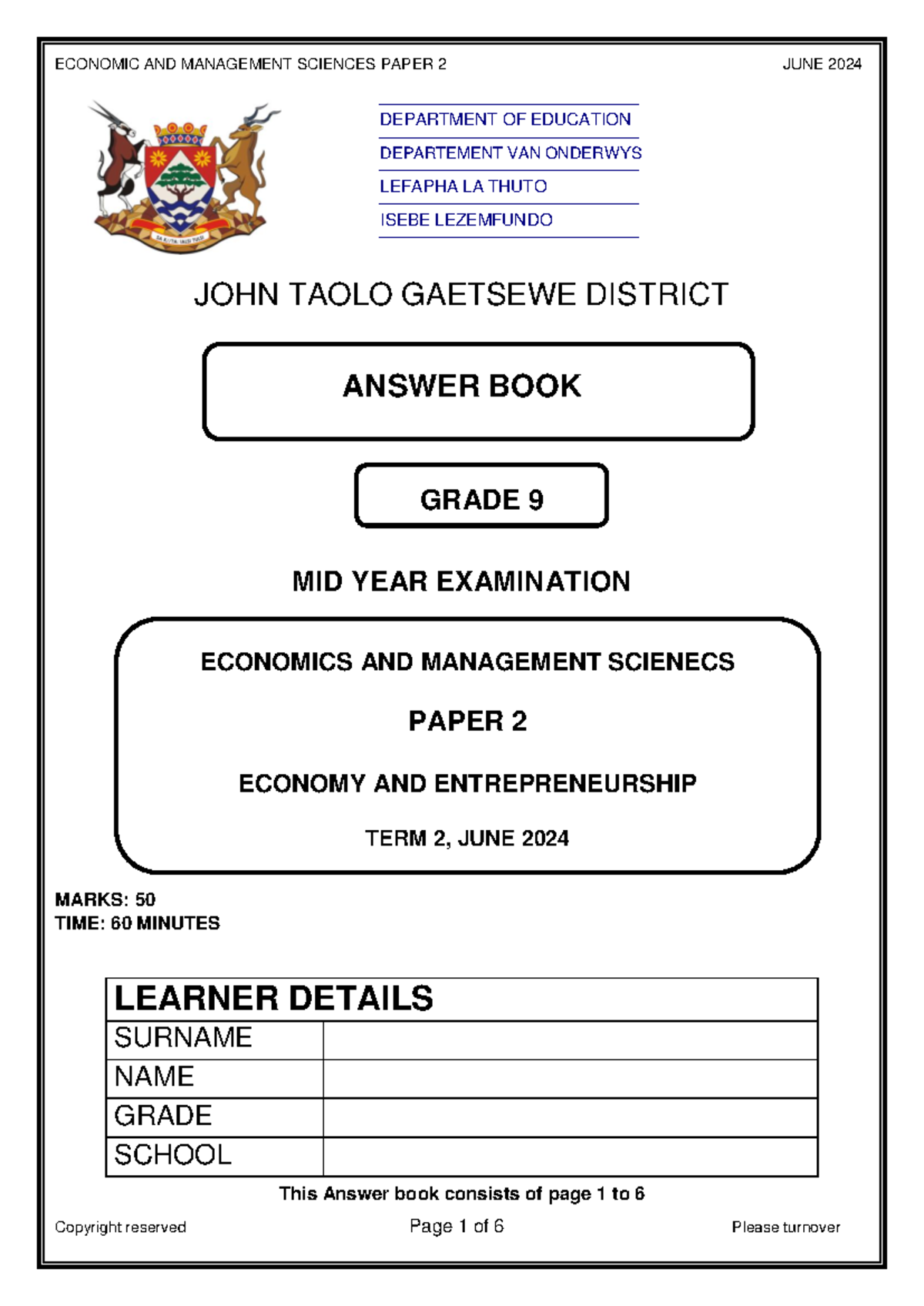 EMS Grade 9 Mid Year Exam Paper 2 June 2024 Answer Book - Studocu