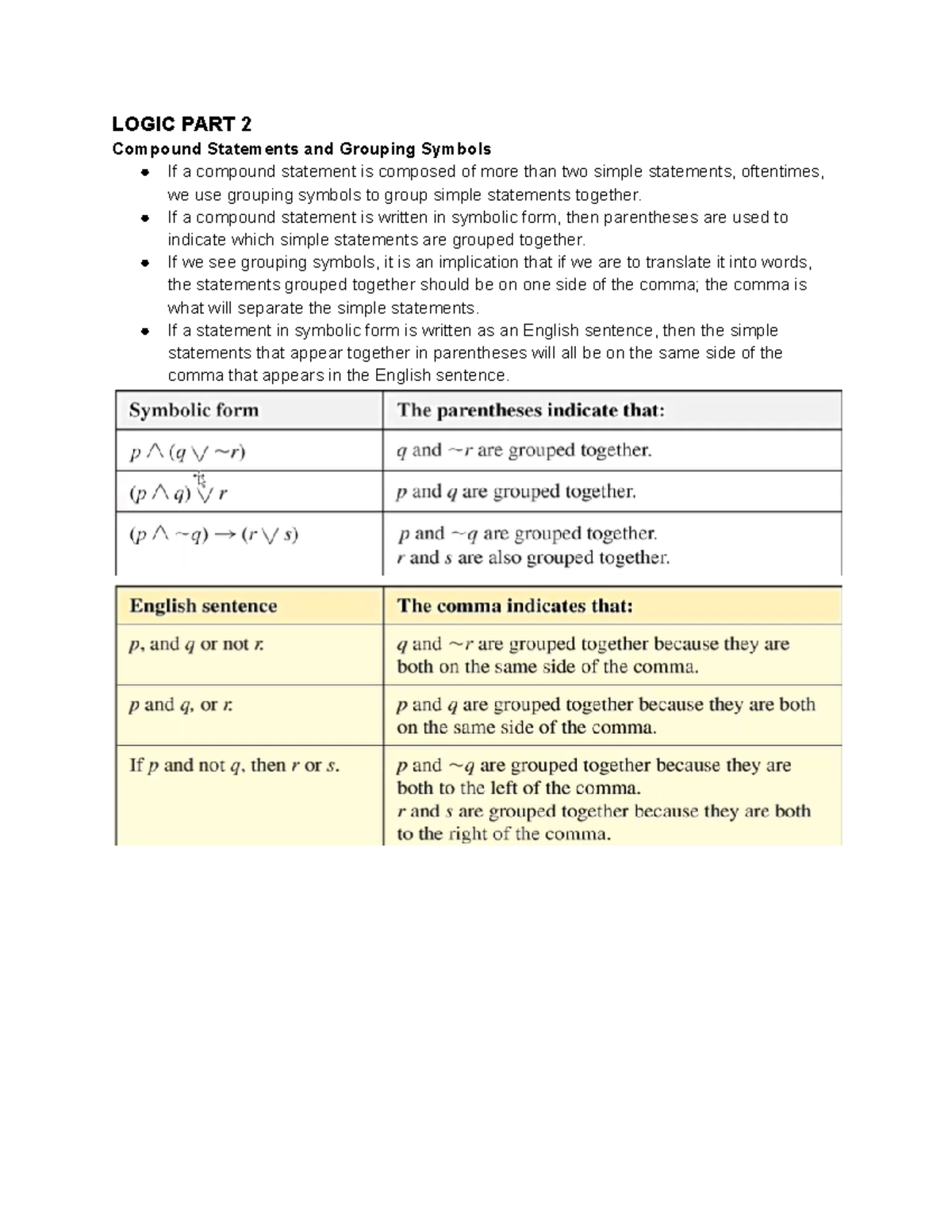 Logic PART 2 - Notes - LOGIC PART 2 Compound Statements and Grouping ...