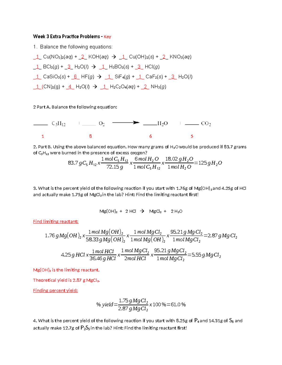 Week 3 Extra Practice Problems Key: Balancing Equations & Yields - Studocu