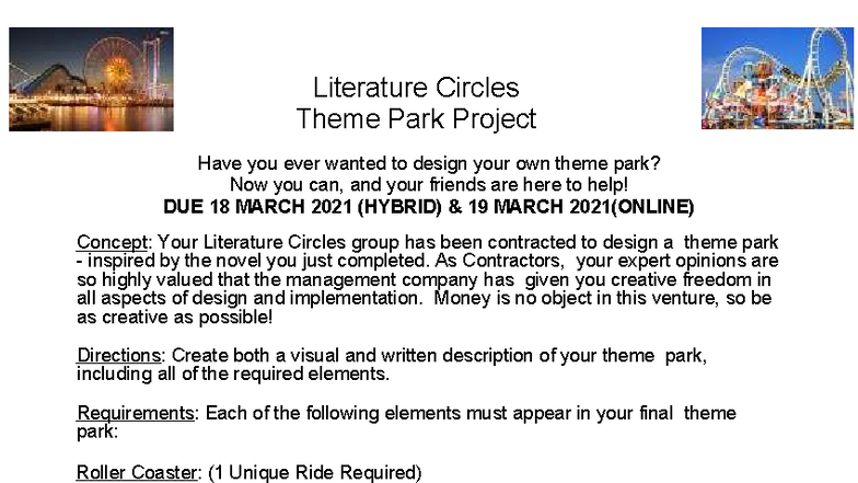Literature Circles Theme Park Project (Due 18-19 March 2021) - Studocu