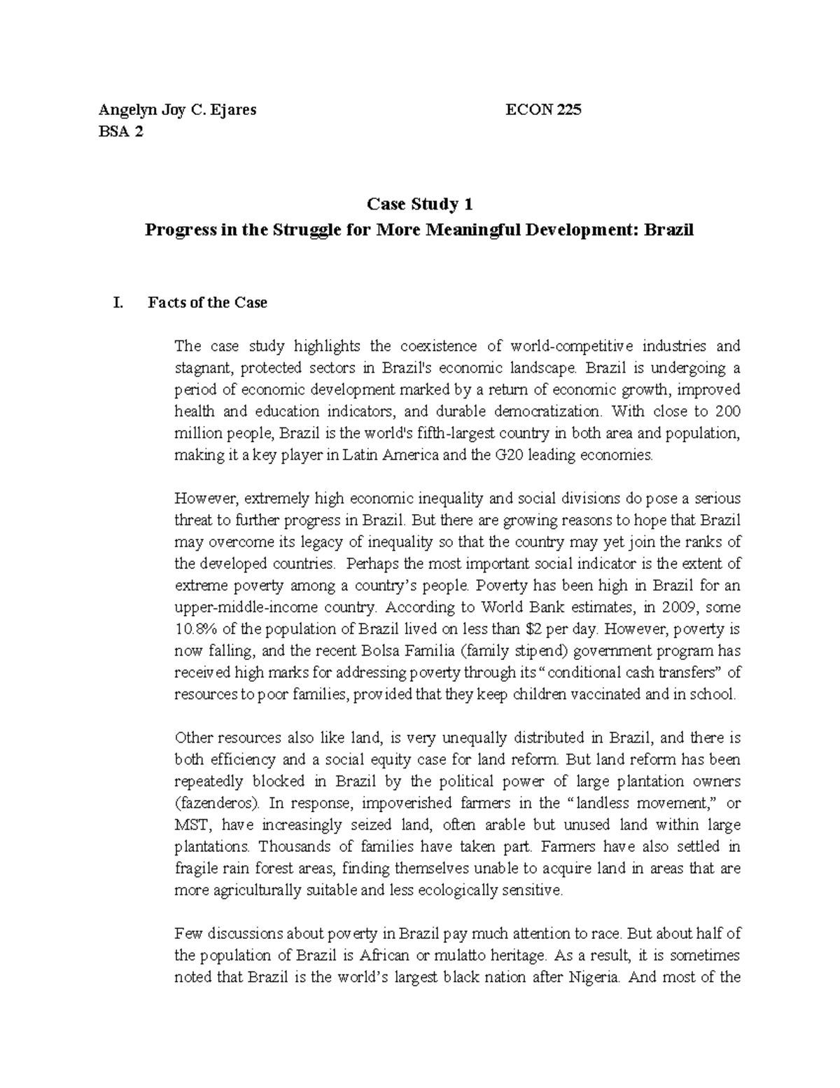 ECON 225 Case Study 1: Brazil's Path to Meaningful Development - Studocu