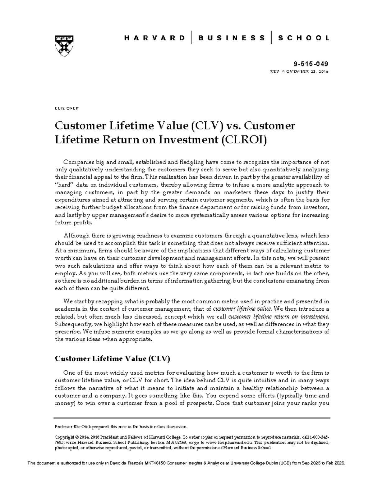 MKT46150: Customer Lifetime Value (CLV) vs. CLROI Analysis - Studocu