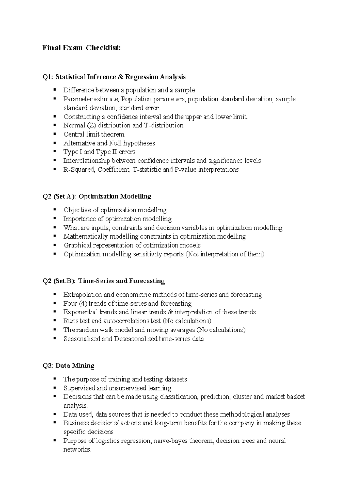Final Exam Checklist: Statistical Inference & Optimization Q1-Q3 - Studocu