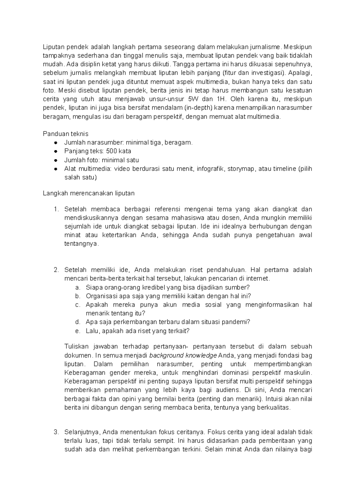 Panduan Rencana Liputan Pendek Jurnalistik (Modul RCL 101) - Studocu