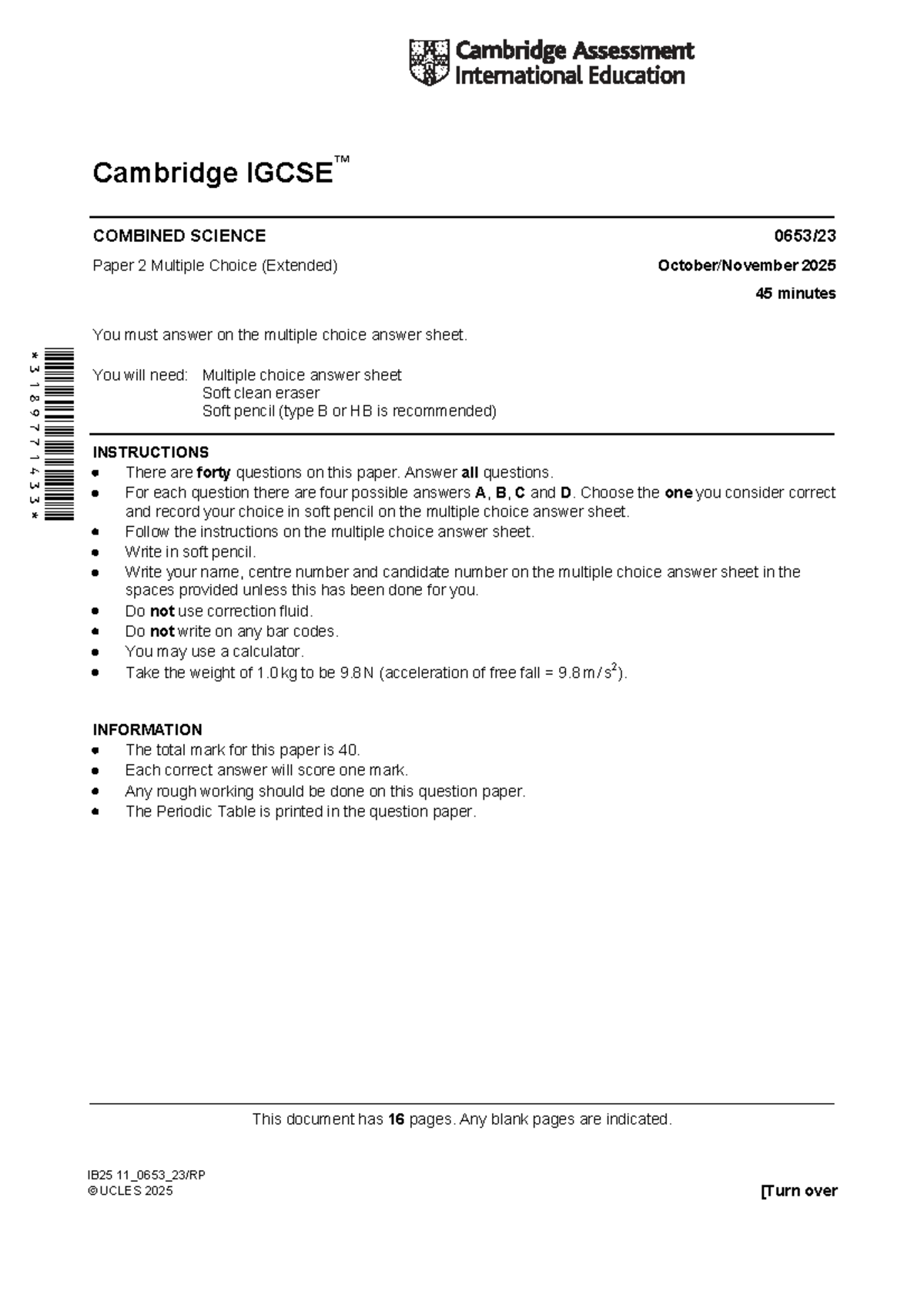 Cambridge Combined Science 0653 Paper 2 MCQ (Extended) 2025 - Studocu
