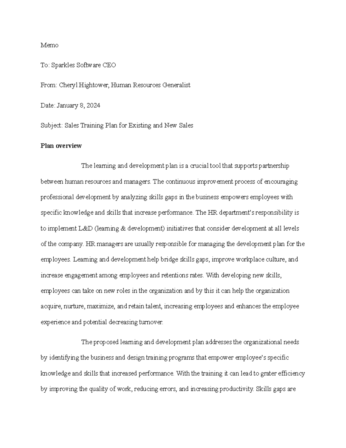 HRM-350 Sales Training L&D Plan Memo for CEO - Studocu