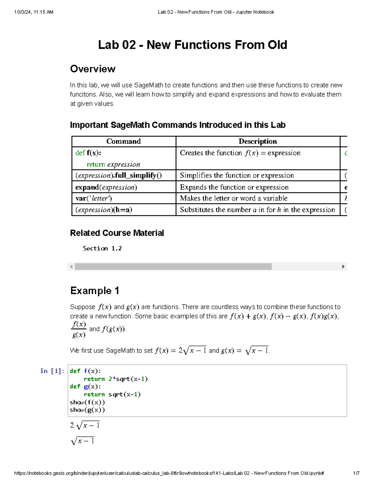 Lab 02: Creating New Functions with SageMath in Jupyter Notebook - Studocu