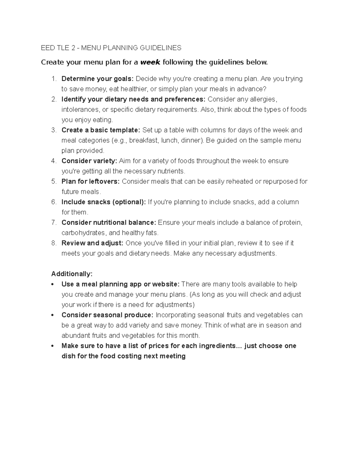 EED TLE 2 Menu Planning Guidelines for Weekly Meal Prep - Studocu
