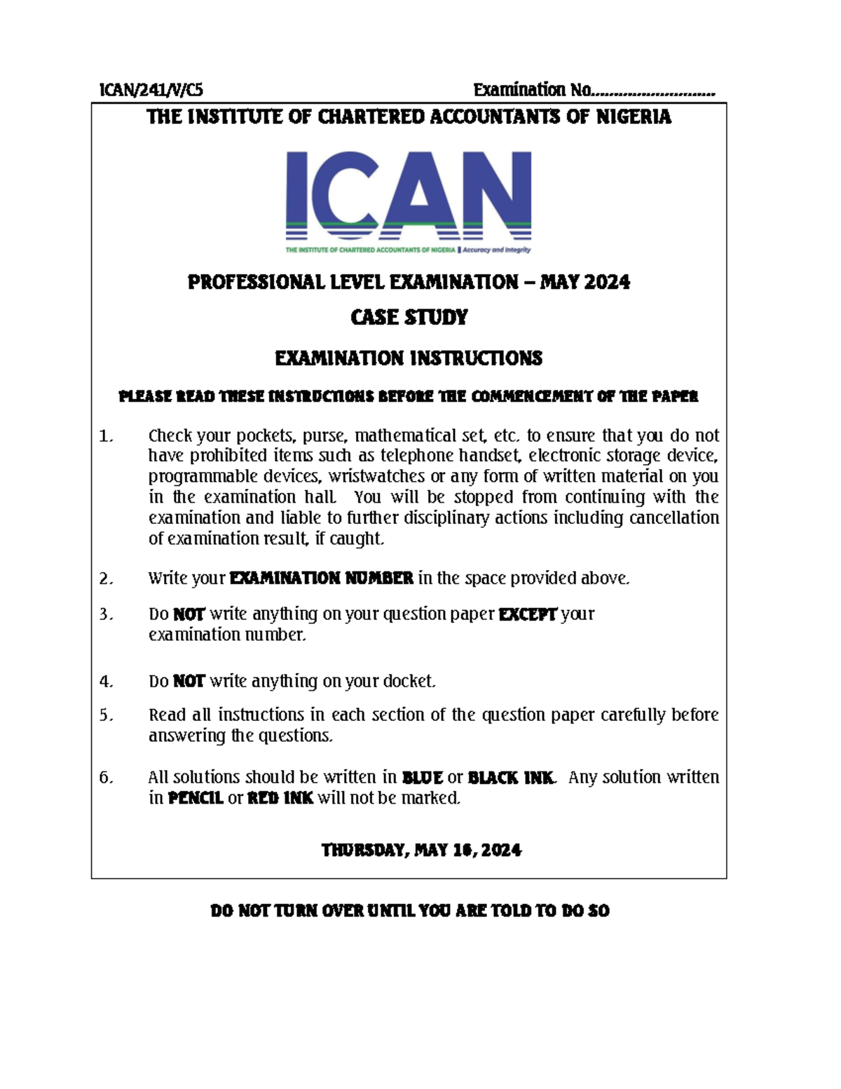ICAN/241/V/C5 Case Study Pre-Seen Material for May 2024 Exam - Studocu
