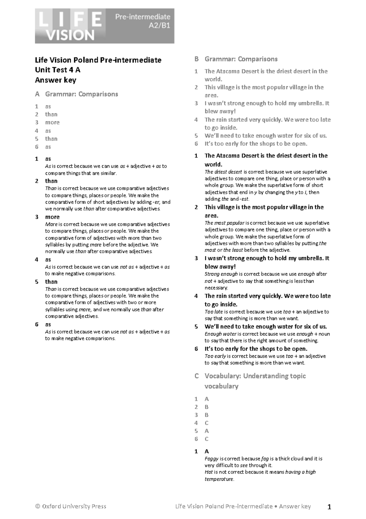 Life Vision Poland Pre-Int Unit Test 4A Answer Key - Studocu