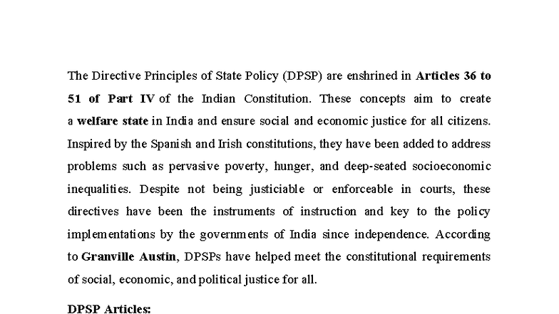 DPSP - Understanding the Directive Principles of State Policy - Studocu