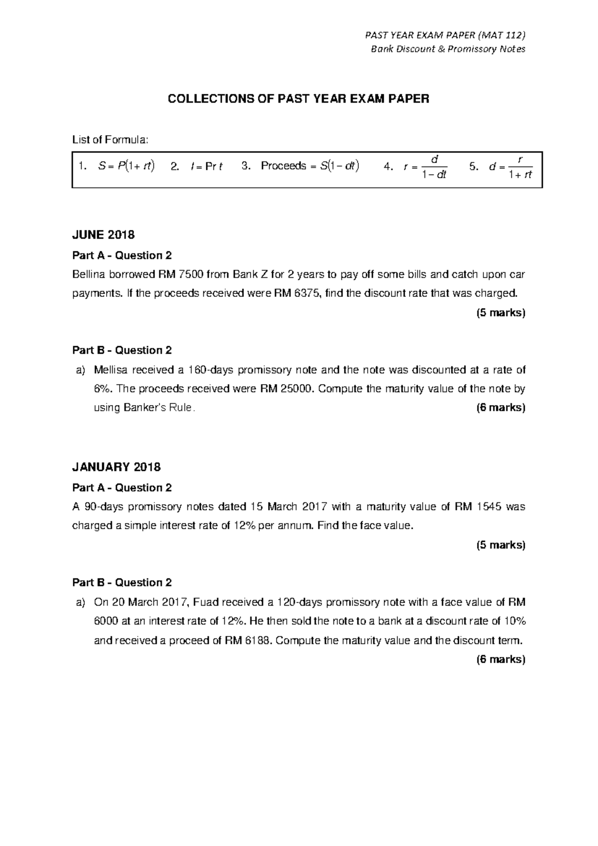 MAT 112 Past Year Exam Paper: Bank Discount & Promissory Notes - Studocu