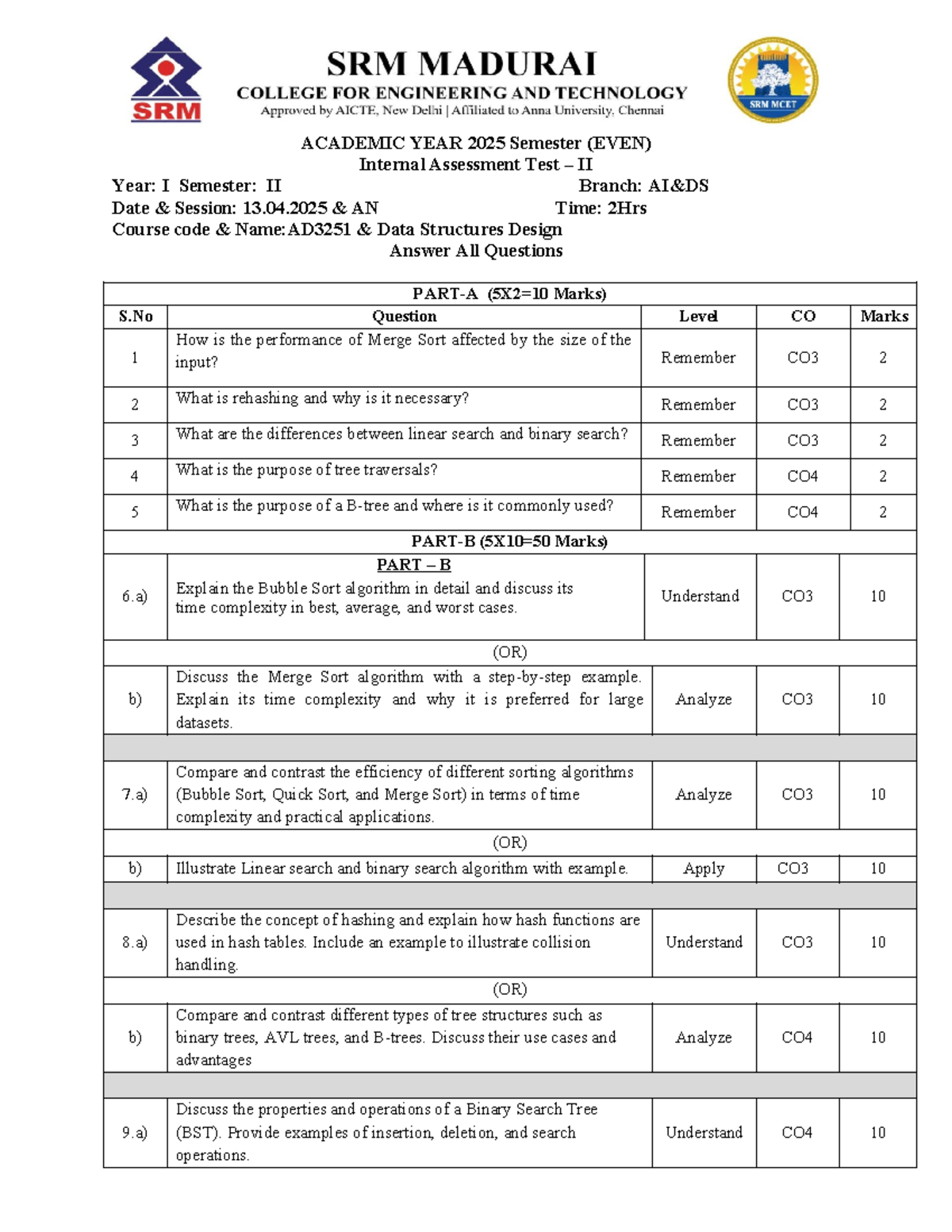 IAT AD3251 Data Structures Design Internal Assessment Test II - Studocu