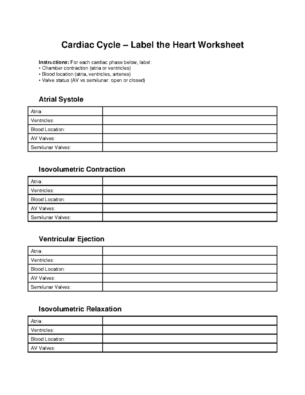 Cardiac Cycle Label the Heart Worksheet - Cardiac Cycle – Label the ...