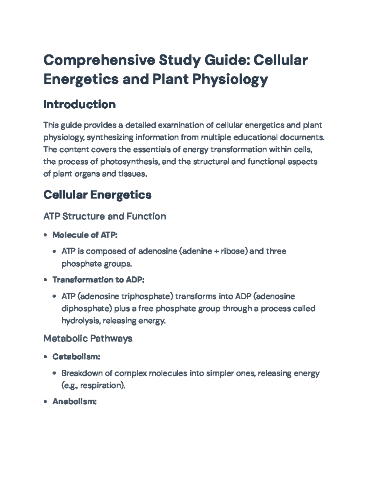 Comprehensive Study Guide: Cellular Energetics & Plant Physiology ...