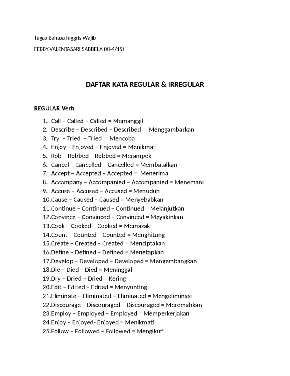Daftar Kata Regular & Irregular untuk Tugas Bahasa Inggris (XI-4/15 ...