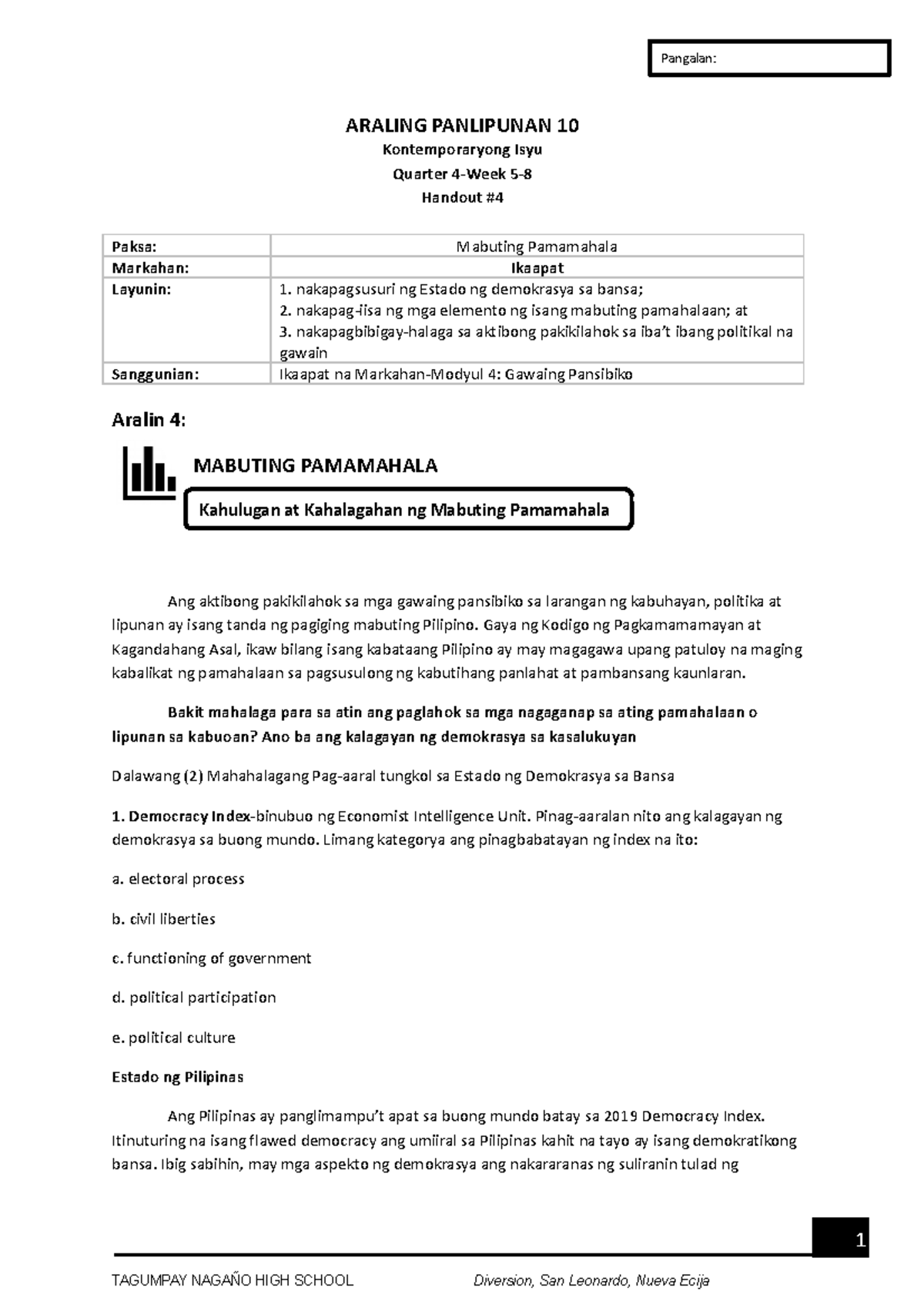 AP10 Handout #4: Mabuting Pamamahala at Estado ng Demokrasya - Studocu