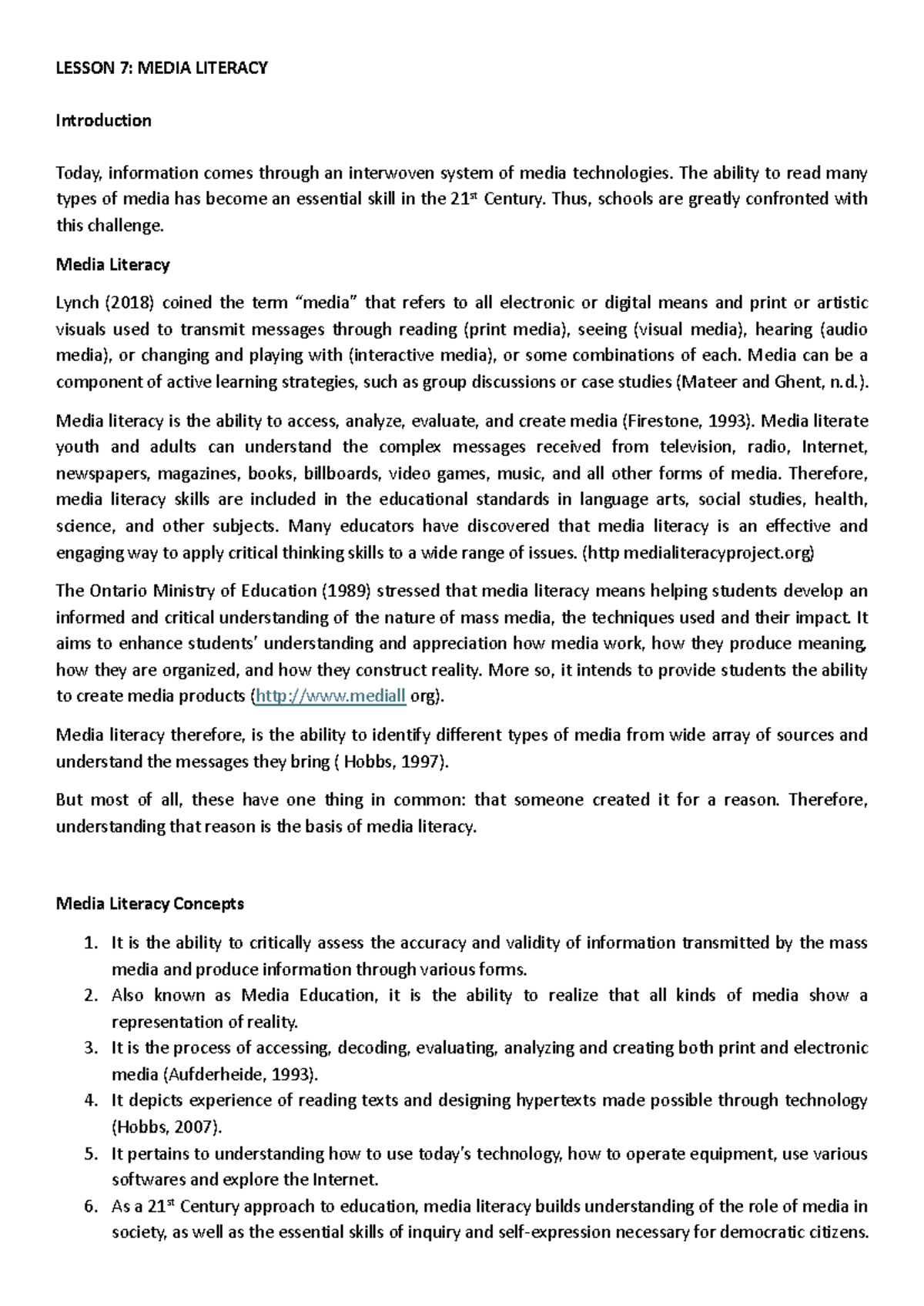 Lesson 7: Media Literacy Overview and Key Concepts - Studocu